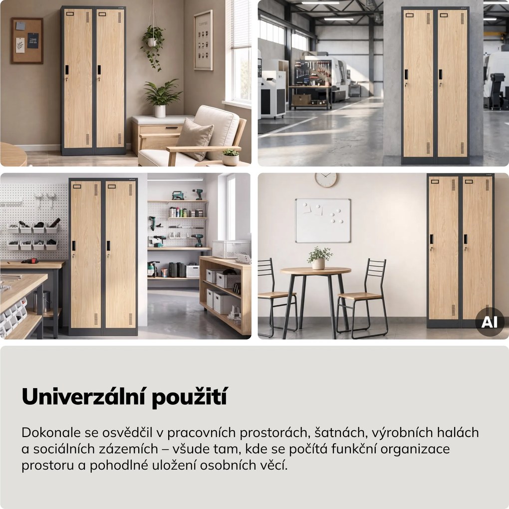 Zaměstnanecká skříňka čtyřkomorová antracitová/dub sonoma, 800x1800x500 mm: KACPER Eco Design