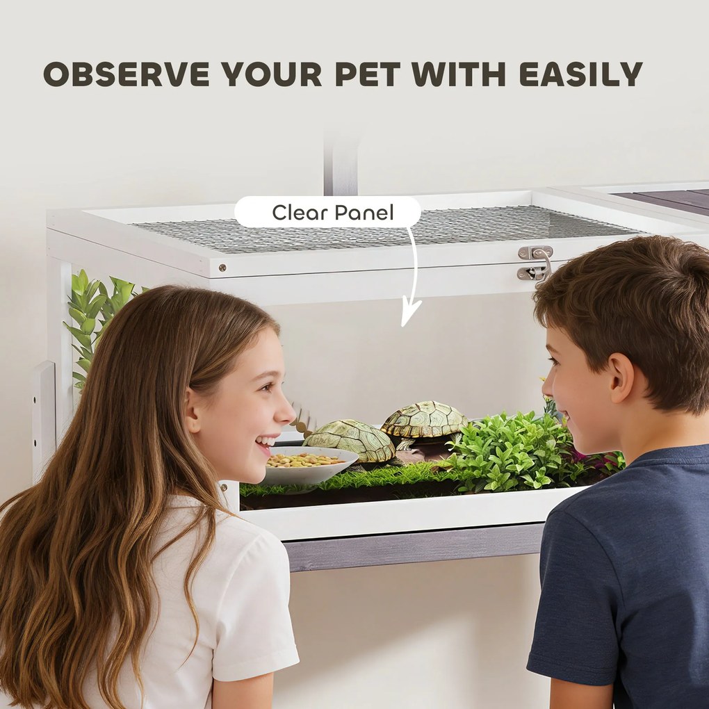 PawHut zvýšený dřevěný domek pro želvy – 2 zóny, držák na lampu, vysouvací zásuvka, šedý – 104 × 53 × 82 cm