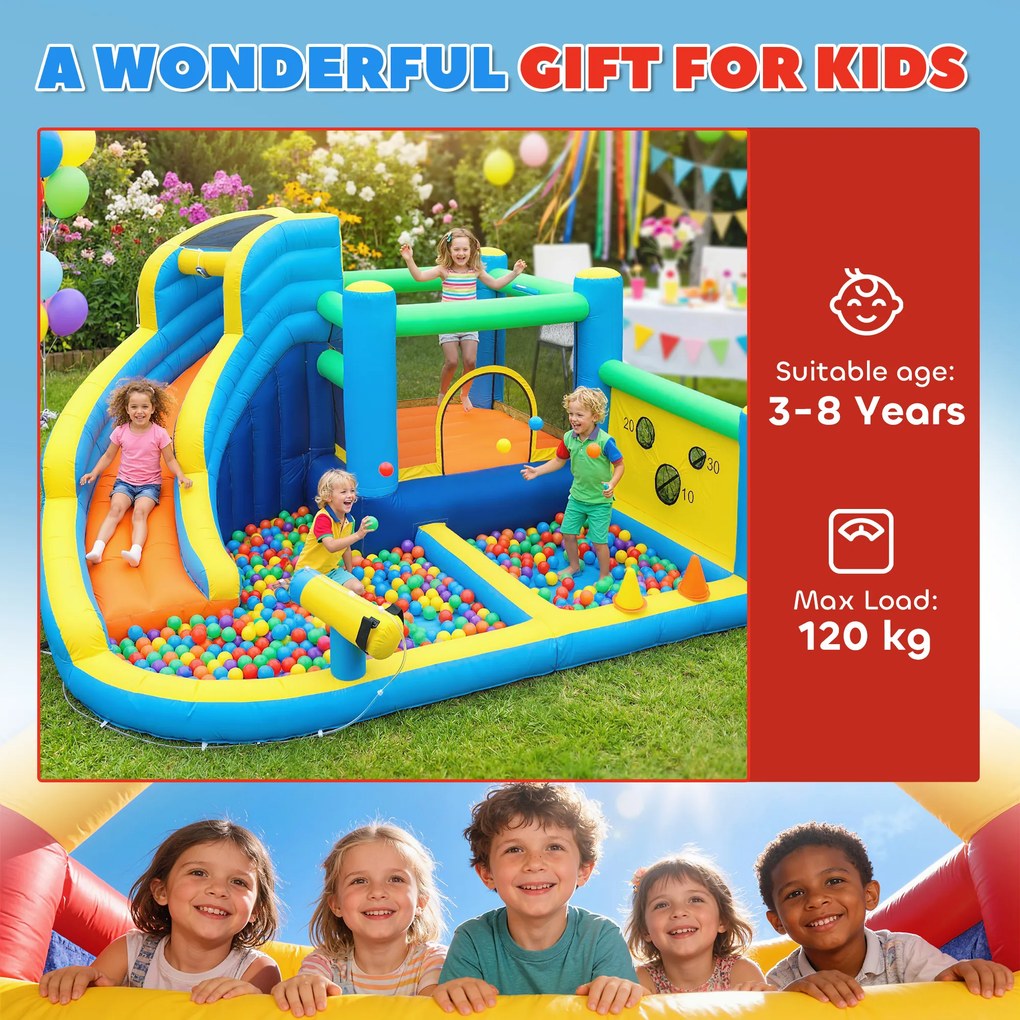 AIYAPLAY Skákací hrad s fukarem 9v1, vodní park, skluzavka, trampolína, bazén s míčky, Oxford, vícebarevný