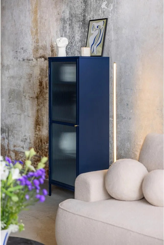 Modrá kovová vitrína Unique Furniture Bronco, výška 160 cm