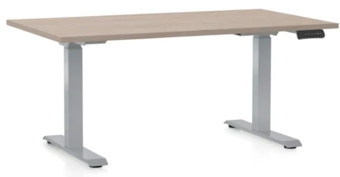 Výškově nastavitelný stůl OfficeTech D, 140 x 80 cm, šedá podnož, dub