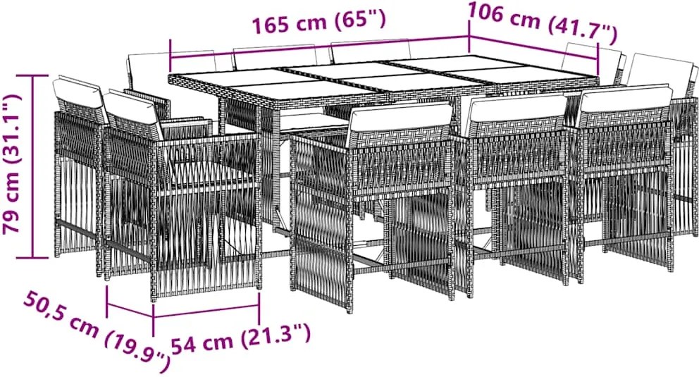 11dílný zahradní jídelní set s poduškami šedý polyratan 3211748