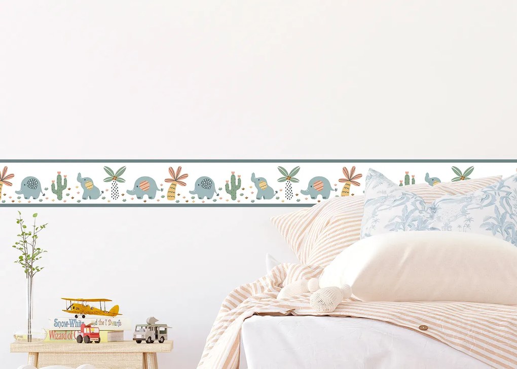 Dětská samolepící bordura na zeď Bílí Sloni | 5 m x 13.8 cm | DWBD8507