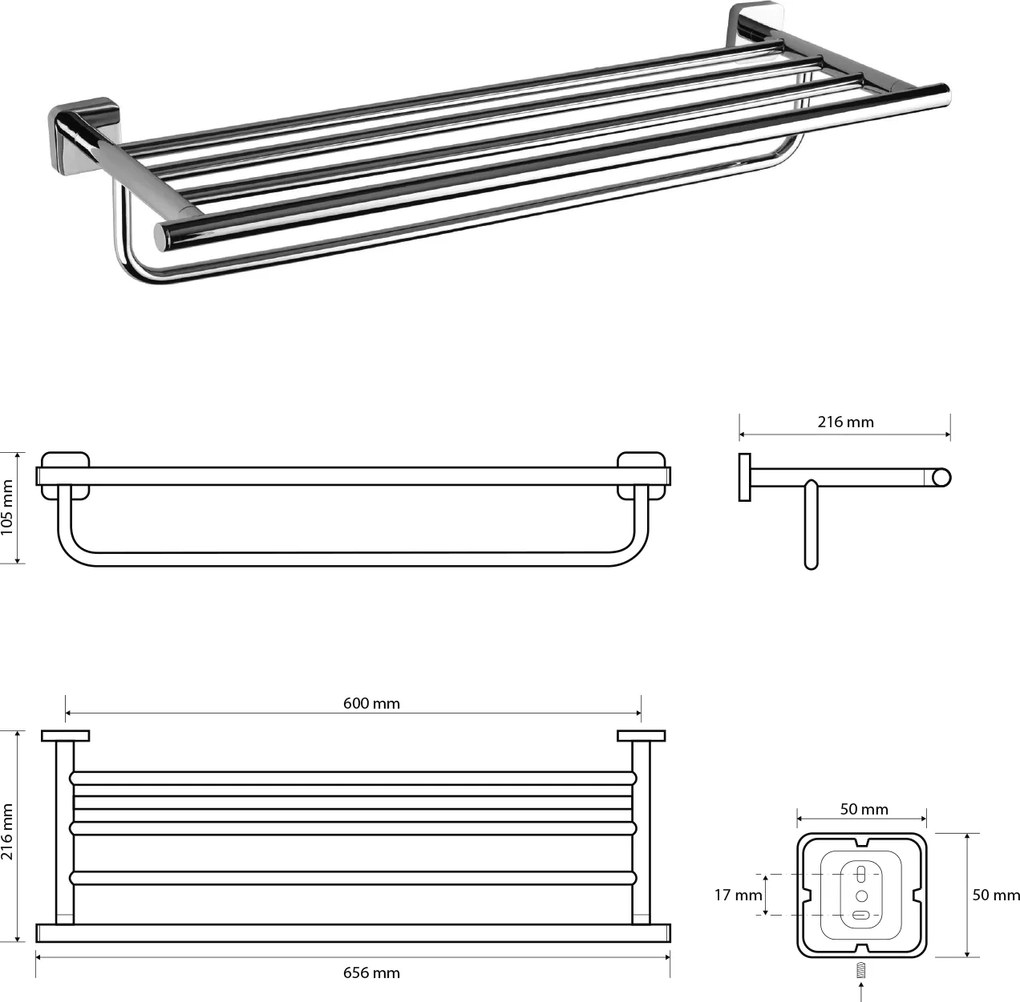 Sapho Sapho, INSIA polička na ručníky s hrazdou 600 mm, chrom