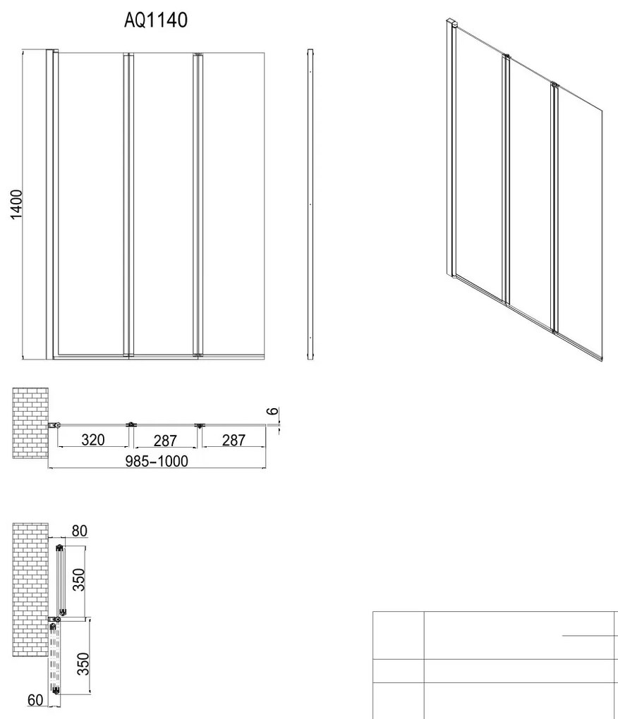 Aqualine, VANDA Vanová zástěna skládací 1000x1400 mm, chrom, brick sklo, AQ1140