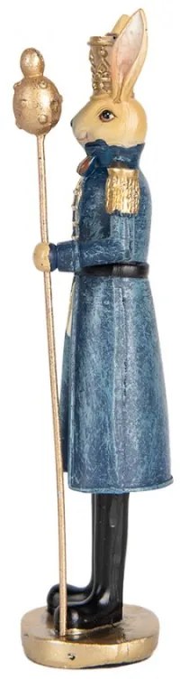 Dekorace elegantní zajíc v modré uniformě s dlouhou zlatou hůlkou Zwerkblaf – 18 cm