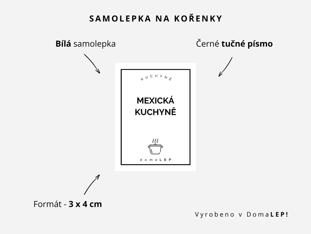 MEXICKÁ KUCHYNĚ - Samolepka na kořenky 3 x 4 cm - DomaLEP varianta: BÍLÁ - základní písmo