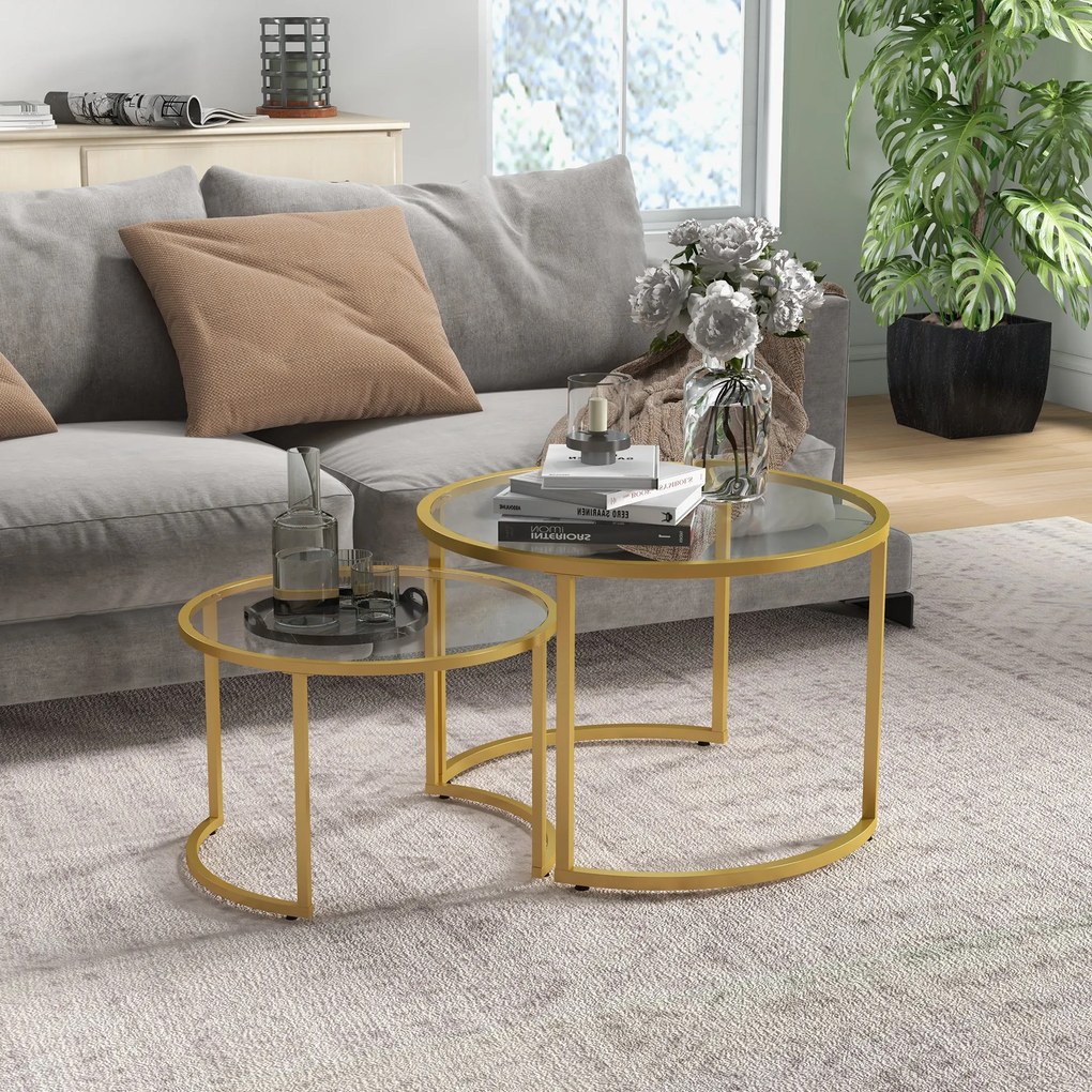 HOMCOM Sada 2 moderních kulatých stolků s variabilní výškou 70/54 cm, se skleněnou deskou a zlatým ocelovým základem