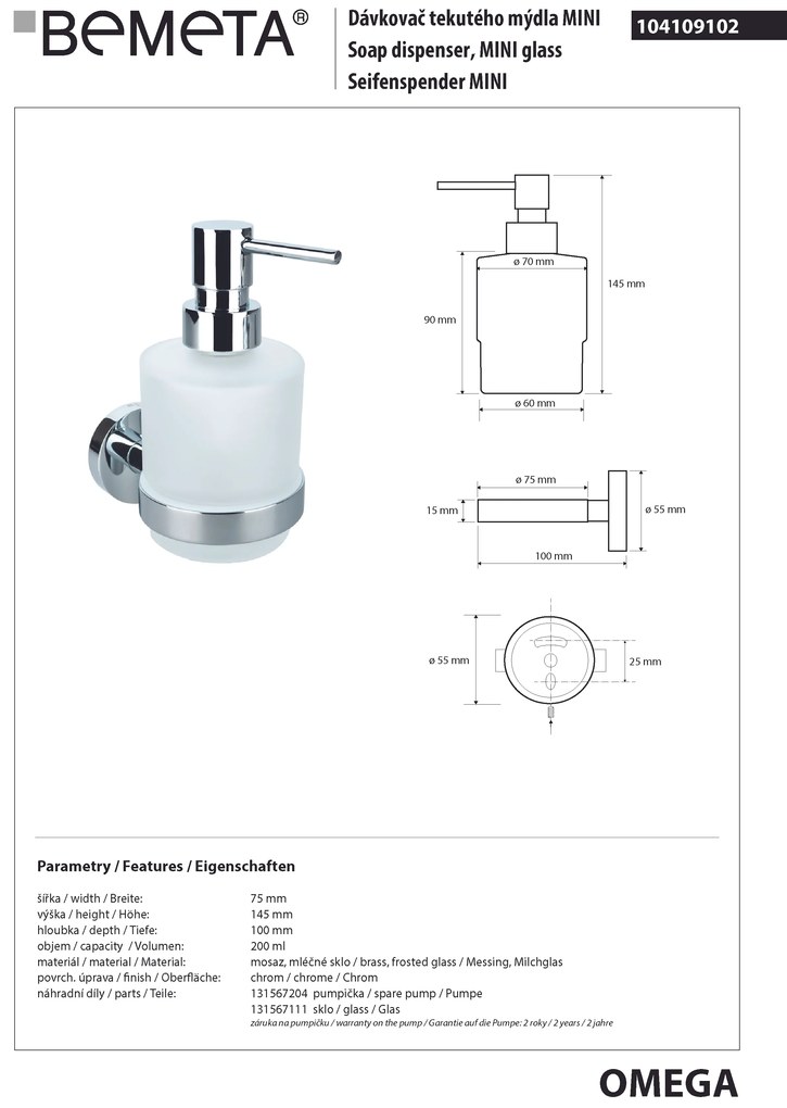 Bemeta Design OMEGA: Dávkovač mýdla 200 ml -