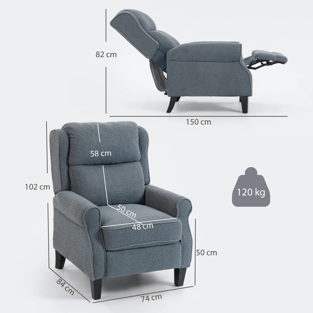 HOMCOM nastavitelná relaxační křeslo z teddym fleece, relaxační křeslo s vysouvací podnožkou, polstrované sedadlo, šedá 83B-604V00GY