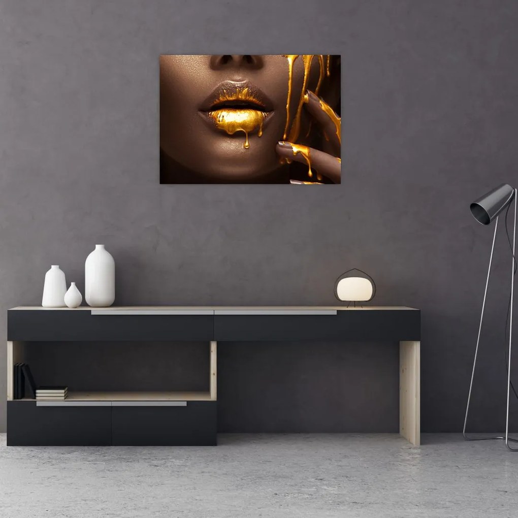 Skleněný obraz - Žena se zlatými rty (70x50 cm)