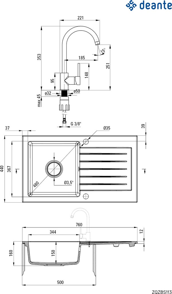 Deante Dřez Zorba s dřezovou baterií, granit - černý