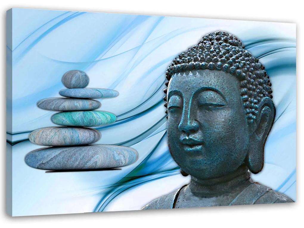 Gario Obraz na plátně Hlava Buddhy a kameny - modrý Rozměry: 60 x 40 cm