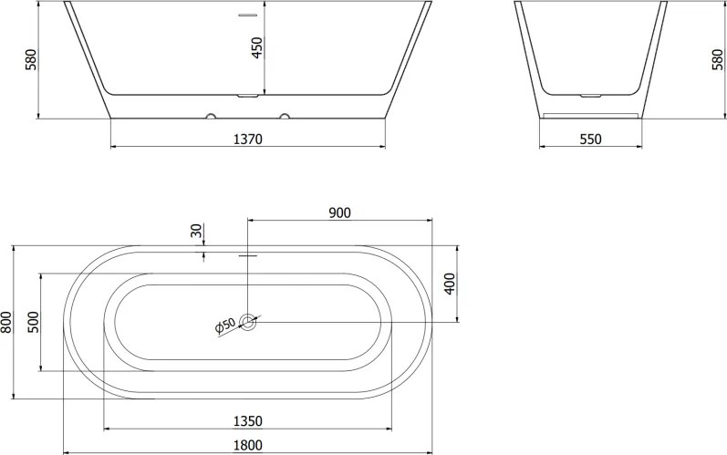 Mexen Luna, volně stojící vana 180 x 80 cm, bílá, zlatý matný přepad, 52031808000-55