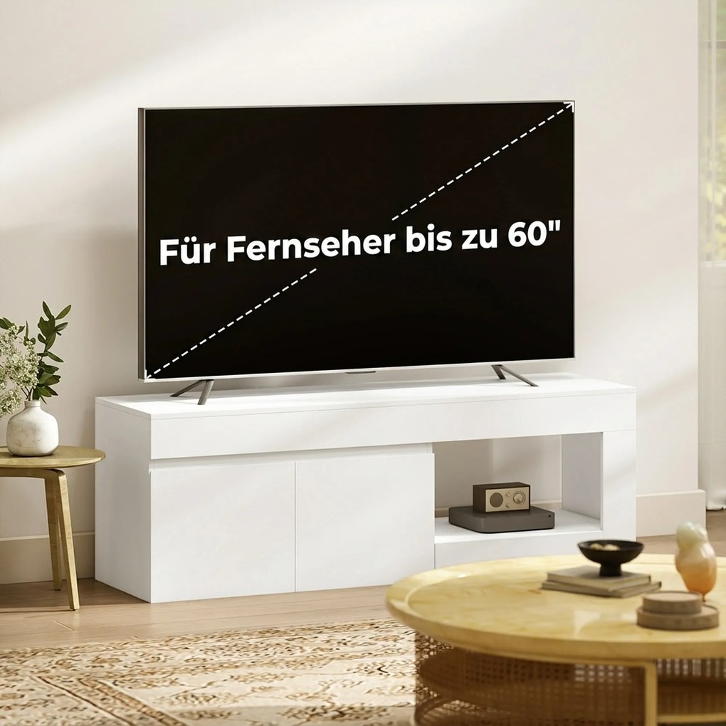 HOMCOM Moderní TV komoda do obývacího pokoje se 2 dveřmi, otevřeným oddílem a úchyty, pro televizory až do 60 palců, 140 x 40 x 48 cm, bílá