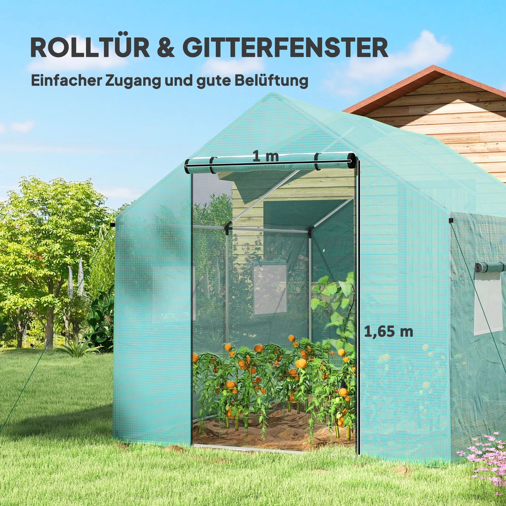 Fóliový skleník Outsunny 2x3x2m odolný proti větru s rolovacím oknem a UV ochranou, ideální pro rajčata, robustní ocelová konstrukce v zelené barvě |
