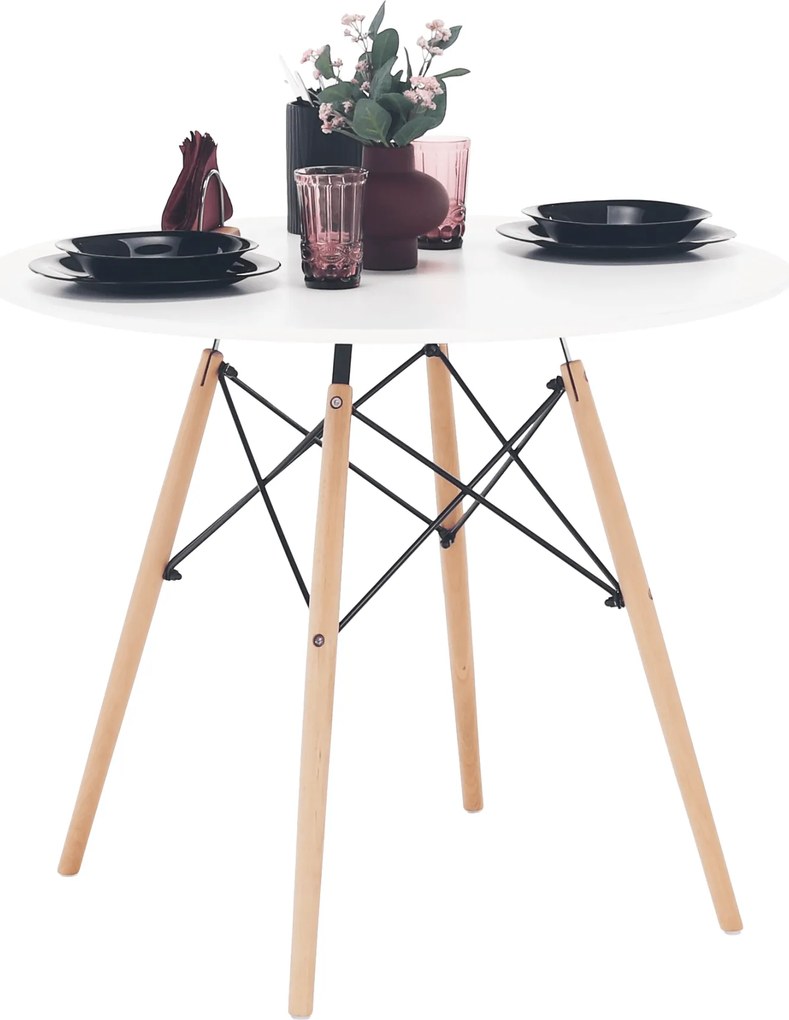 Jídelní stůl, bílá/buk, průměr 90 cm, GAMIN 2 NEW 90