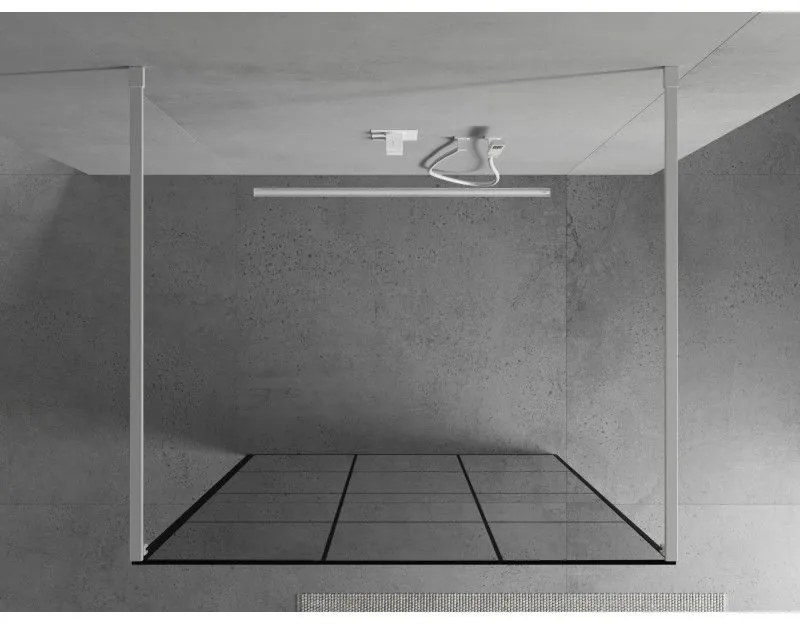 Mexen Kioto, průchozí sprchová zástěna 110 x 200 cm, 8mm sklo čiré/černý vzor, 2x bílá stabilizační rozpěra, 800-110-002-20-77