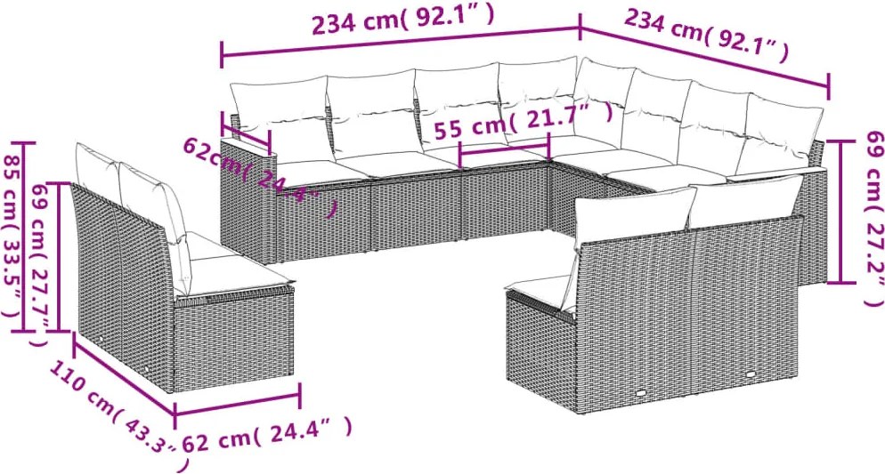 11dílná zahradní sedací souprava a podušky mix béžové polyratan 3226087