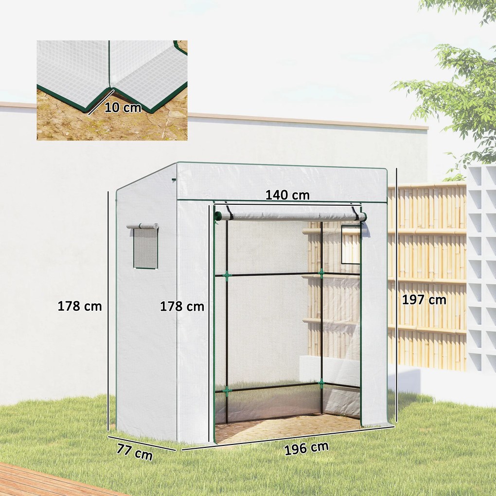 Outsunny PE Zahradní Skleník, Balkónový Skleník, Vyztužený Kryt 140 g/m², Ocelová Konstrukce, Roll-Up Zipová Dveře, 2 Okna, pro Zeleninu, Rostliny a …
