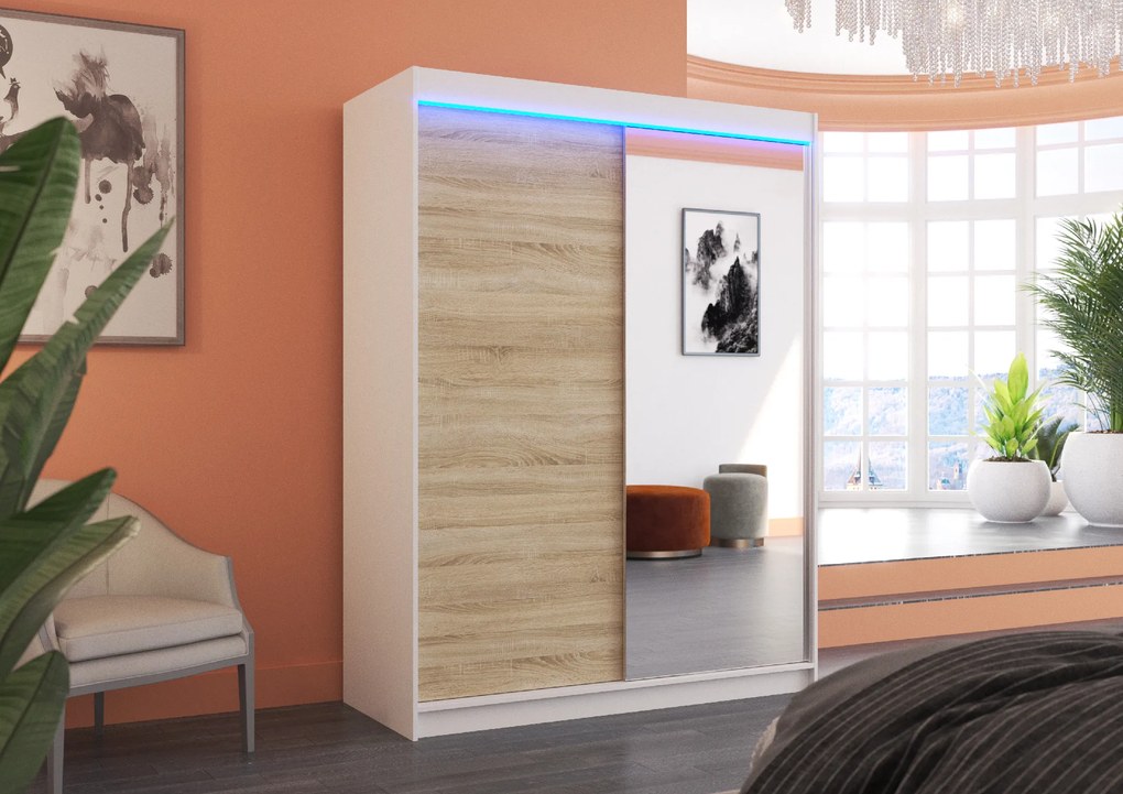 ADRK Furniture Posuvná skříň se zrcadlem a LED osvětlením JORDI 150