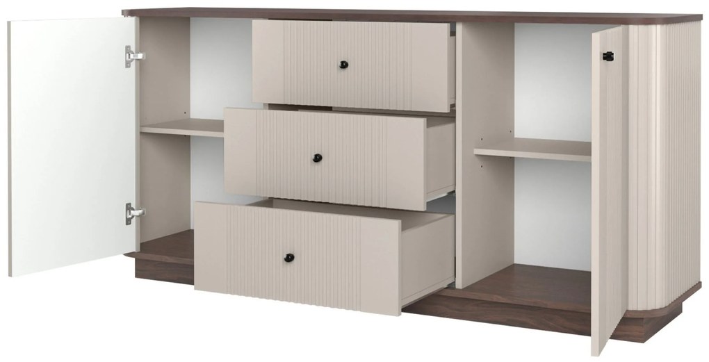 Komoda Vesper 160 cm se zásuvkami - kašmírová / ořech / černé úchytky