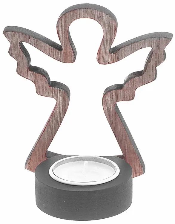 Svícen dřevo na čajovou svíčku andílek šedý