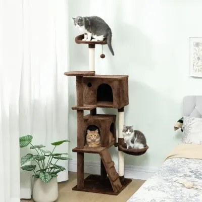 PawHut škrabadlo pro kočky 160 cm s platformami, postelí, 2 jeskyněmi, houpací sítí, žebříkem, sisalovými sloupy, hnědá