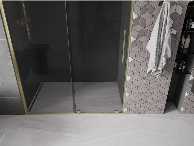 Mexen Velar, posuvné sprchové dveře do otvoru 140 cm, 8mm šedé sklo, zlatá matná, 871-140-000-41-55