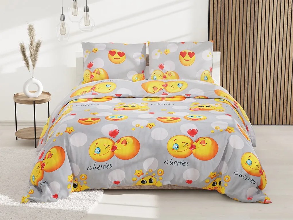 2x povlečení z mikrovlákna EMOJI šedé + prostěradlo jersey 180x200 cm světle zelené