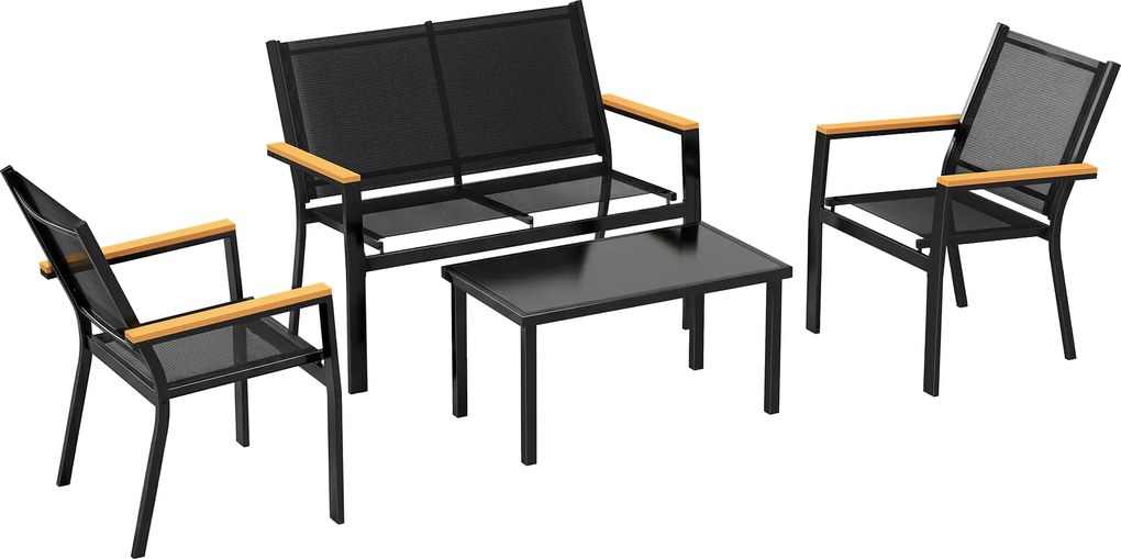 Outsunny Sada zahradního nábytku kovová sedací souprava pro 4 osoby zahradní obývací pokoj s 2místnou pohovkou křeslo stolek 110x63,5x84 cm černá