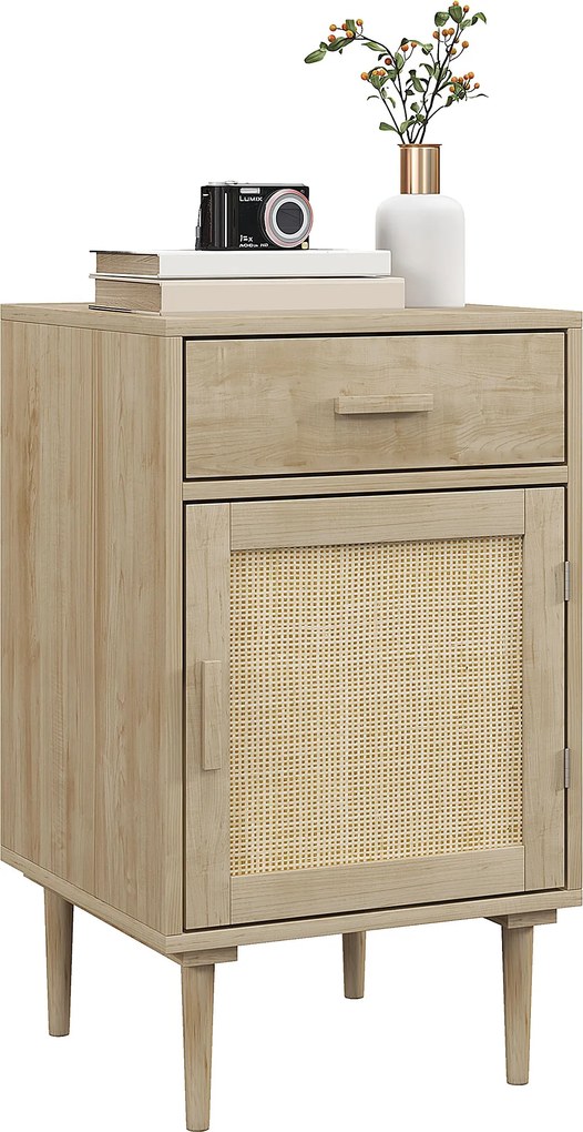 HOMCOM Noční stolek s ratanovými dvířky a policí + 1 zásuvka, bohémský design - 40 x 68,5 cm, přírodní