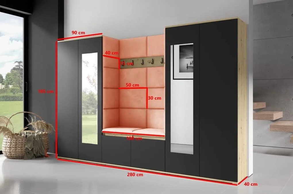 Předsíňová stěna Emi 10 - dub/černá Barva panelů: Tmavě červená - Trinity 24