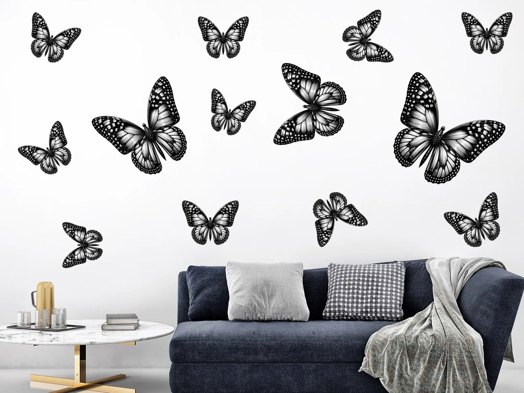 Motýli černí 13 ks textilní přelepitelné samolepky na zeď arch 100 x 100 cm