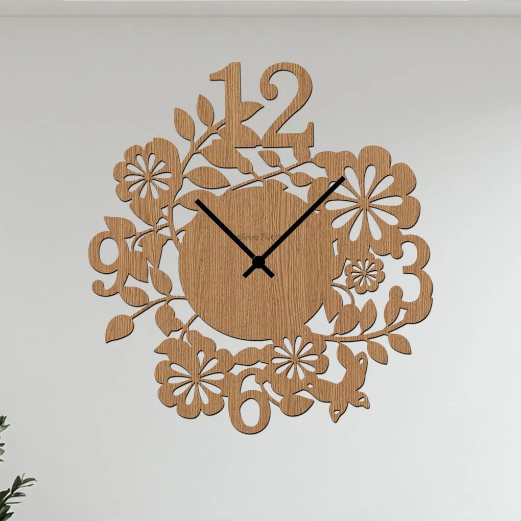 dřevo života Nástěnné hodiny FLOWERS Zvolte barvu dekoru: Černá, Zvolte velikost hodin (cm): 50x50, Barva ručiček: Zlaté