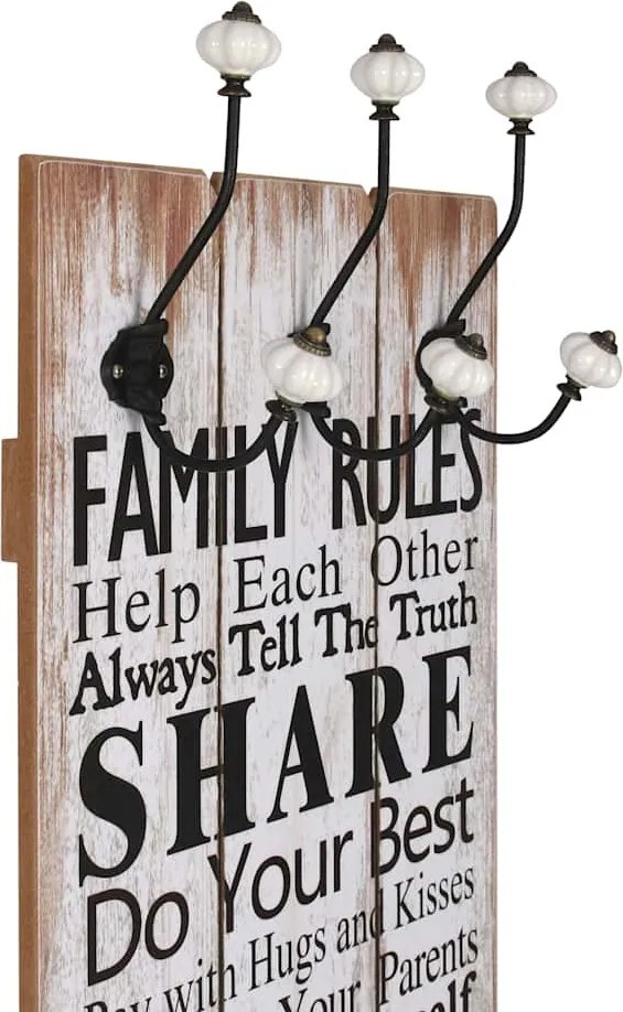 Nástěnný věšák na kabáty FAMILY RULES s 6 háčky 120 x 40 cm 245854