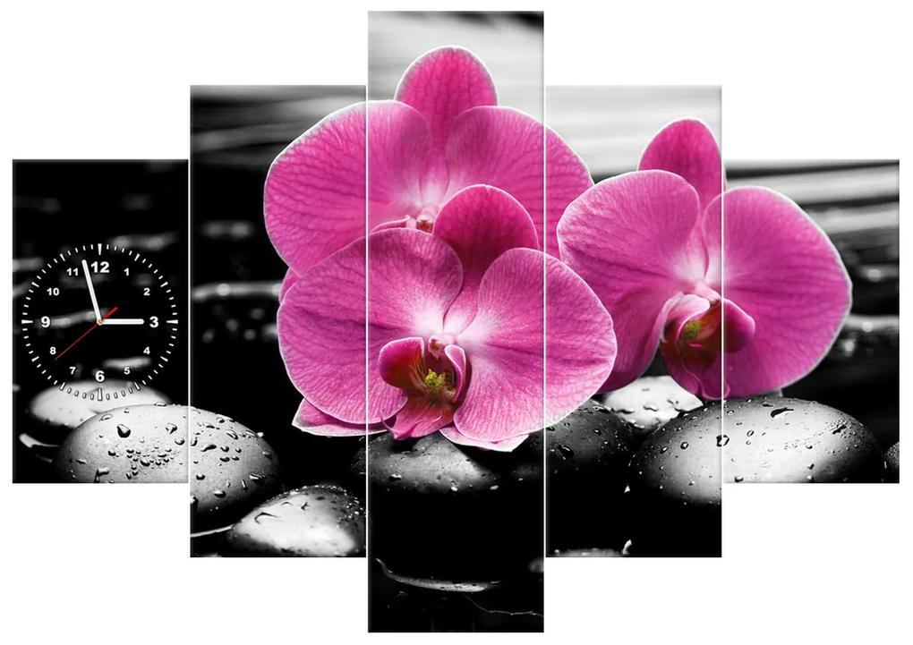 Gario Obraz s hodinami Krásná orchidej mezi kameny - 5 dílný Rozměry: 150 x 70 cm