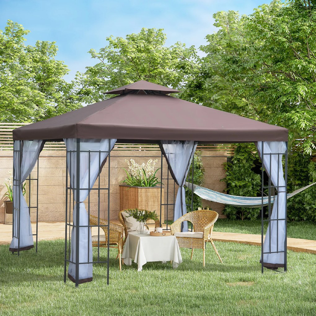 Zahradní altán Outsunny s moskytiérou a bočními panely, party stan s dvojitou střechou, zahradní gazebo 2,97x2,97m