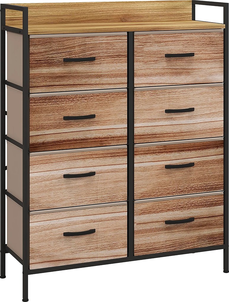 HOMCOM Skříň s úložným prostorem, komoda s 8 odejmoutelnými textilními zásuvkami, horní policí a ocelovým rámem 79L x 29W x 101H cm Přírodní a Černá