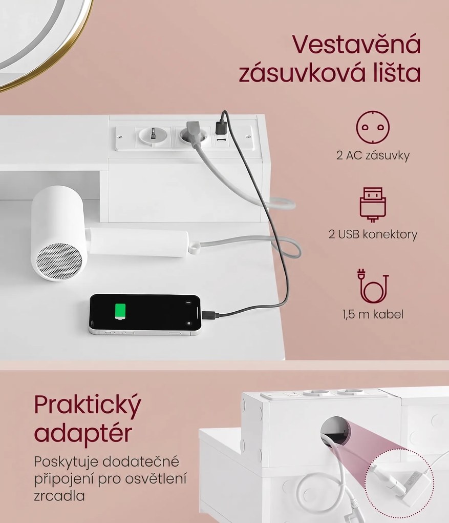 Toaletní stolek s nabíjecí stanicí a LED osvětlením Vasagle Virmo 100 cm bílý/zlatý