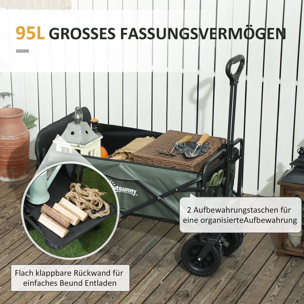 Skládací zahradní vozík Outsunny, nosnost 120 kg, přenosný vozík s odnímatelným pláštěm, rukojetí, koly a řízenou osou, zahradní vozík 95 litrů pro d…