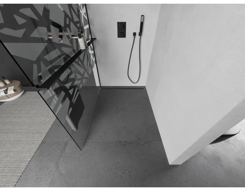 Mexen Kioto+ L, sprchová zástěna Walk-In s poličkou a ramínkem 100 x 200 cm, 8mm čiré sklo bílý vzor, černý profil, 800-100-123-70-85