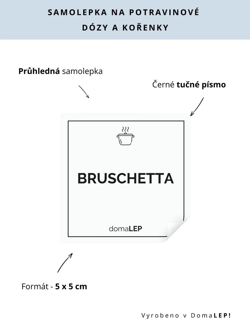 Samolepka na kořenky BRUSCHETTA průhledná 5 × 5 cm tučné písmo
