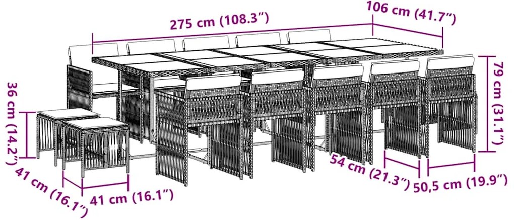 15dílný zahradní jídelní set s poduškami hnědý polyratan 3211713