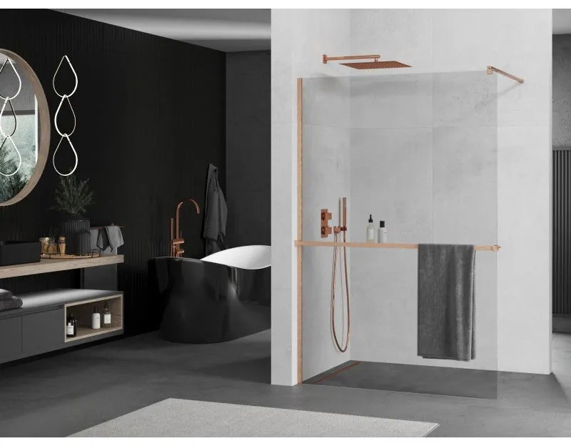 Mexen Kioto+, sprchová zástěna Walk-In s poličkou a věšákem 85 x 200 cm, 8mm čiré sklo, měděný matný profil, 800-085-121-65-00