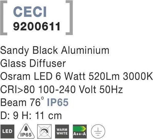 NV 9200611 Venkovní stropní svítidlo CECI černý hliník skleněný difuzor Osram LED 6W 3000K 100-240V 76st. IP65 - NOVA LUCE