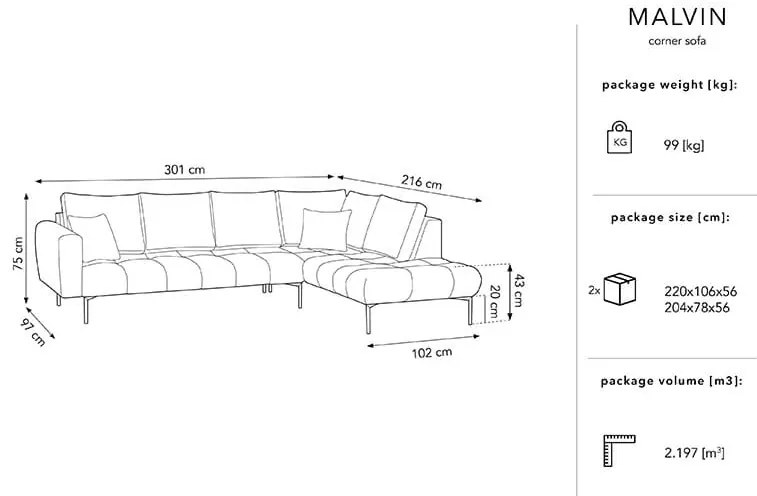 Rohová pohovka malvin pravá 301 cm samet šedá MUZZA