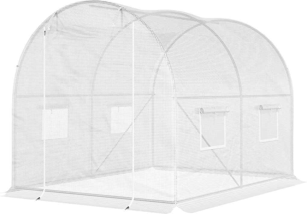 Skleník pochodový tůnel Outsunny 6 m² 3D x 2Š x 1.9V m, Zpevněná pozinkovaná ocel průměr 2.4 cm + Okna z vysokohustotního PE, Bílý