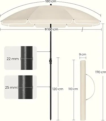 Slunečník 160 cm, UV ochrana UPF 50+, sklopný o 30°, bez základny, béžový&nbsp;
