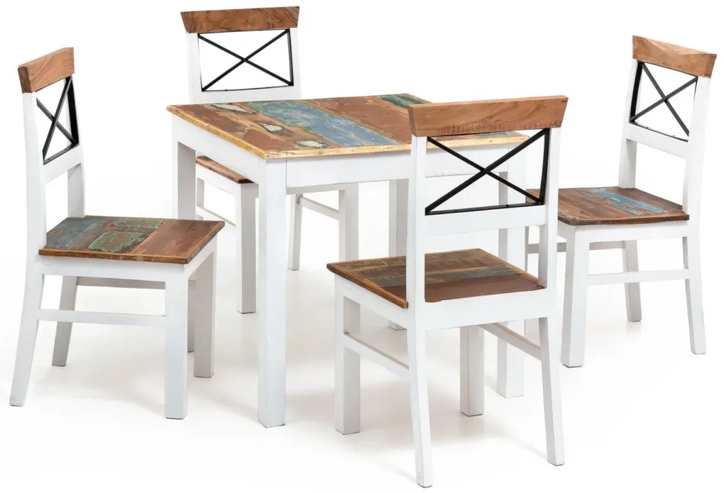 furniture-nabytek.cz - Masivní jídelní stůl Perano z recyklovaného dřeva, lakovaný, bílý s barevnými prvky – 80×80 cm
